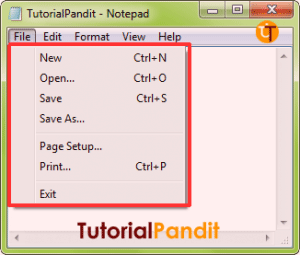 Notepad की File Menu का उपयोग करना - TutorialPandit.