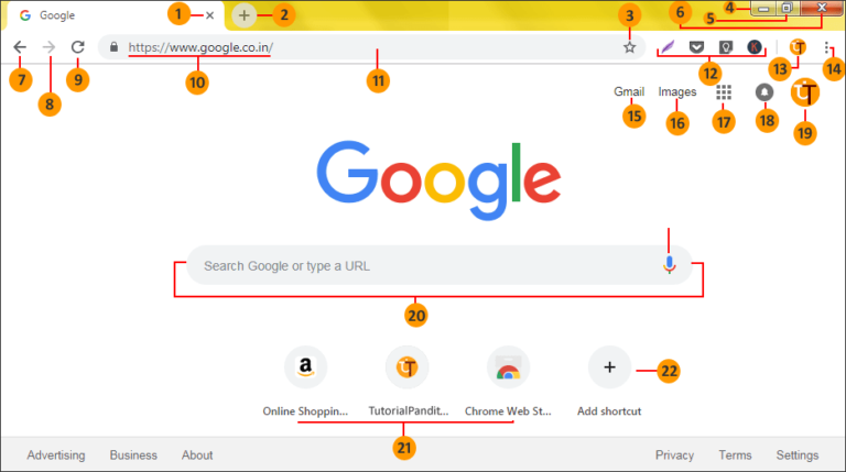 Chrome Browser Interface Layout in Hindi (Tools & Buttons)